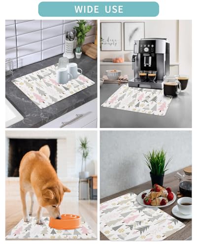 Coffee Mat for Counter,Merry Christmas Xmas Tree Snowflake Texture Pink Absorbent Hide Stain Coffee Bar Mat,Non-slip Coffee Bar Accessories Kitchen Drying Mat Fit Under Coffee Maker Espresso Machine
