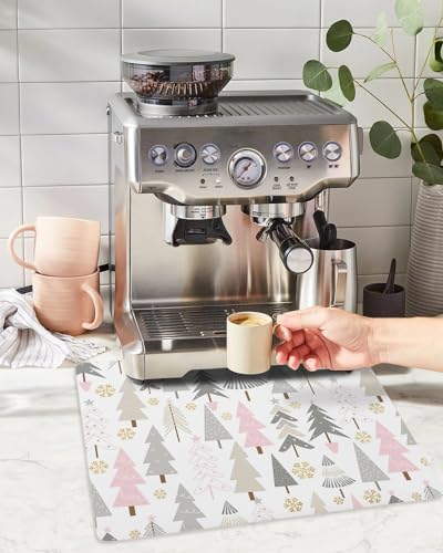 Coffee Mat for Counter,Merry Christmas Xmas Tree Snowflake Texture Pink Absorbent Hide Stain Coffee Bar Mat,Non-slip Coffee Bar Accessories Kitchen Drying Mat Fit Under Coffee Maker Espresso Machine
