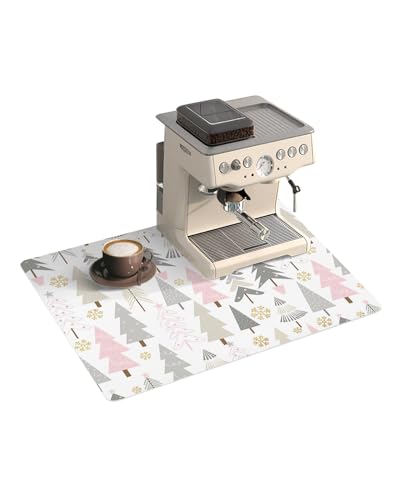 Coffee Mat for Counter,Merry Christmas Xmas Tree Snowflake Texture Pink Absorbent Hide Stain Coffee Bar Mat,Non-slip Coffee Bar Accessories Kitchen Drying Mat Fit Under Coffee Maker Espresso Machine