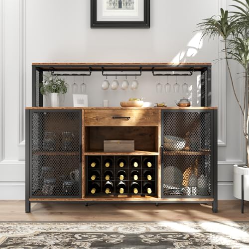 Gyfimoie Wine Bar Cabinet with Drawer and LED Lights, 55 Inches Industry Coffee Bar Cabinet with Wine Rack and Glass Goblet Holder, Kitchen Sideboard Buffet Cabinet for Liquor and Goblet