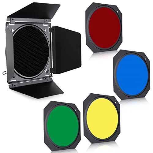 NEEWER Metal Barn Door & Honeycomb Grid & 4 Color Gel Filters Set for 7” Standard Reflector Bowens Mount, Compatible with NEEWER RGB CB60/CB60/CB100/CB150/CB200B and Other Studio Flash Light