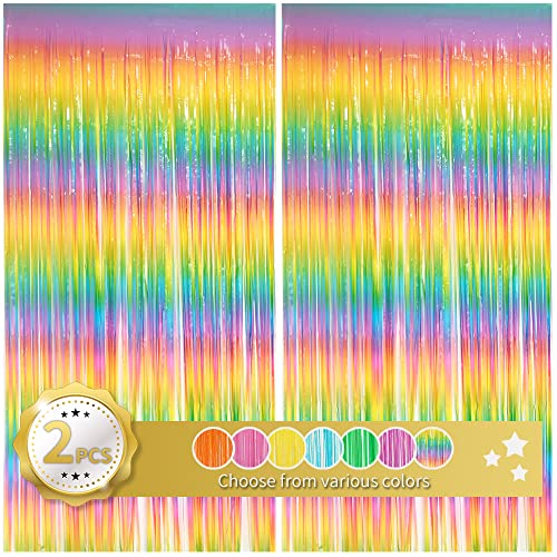 BEISHIDA 2 Pack Light Rainbow Foil Fringe Curtain Assorted Colorful Tinsel Metallic Curtains Photo Backdrop for Birthday Party Wedding Engagement Bridal Shower (3.28 x 6.56 ft)