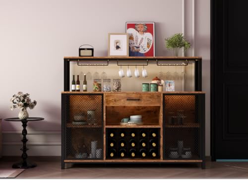 Gyfimoie Wine Bar Cabinet with Drawer and LED Lights, 55 Inches Industry Coffee Bar Cabinet with Wine Rack and Glass Goblet Holder, Kitchen Sideboard Buffet Cabinet for Liquor and Goblet