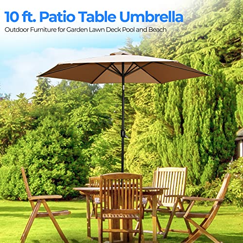 SereneLife 10ft Patio Table Umbrella, 6 Sturdy Ribs with Push Button Tilt, Easy Close Open Crank, Outdoor Furniture for Garden Lawn Deck Pool and Beach, Rust Resistant Pole, Weatherproof Fabric