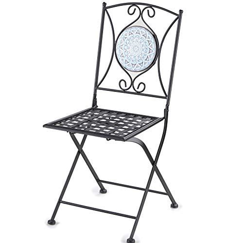 The Lakeside Collection Metal Folding Patio Chair with Decorative Tile Mosaic - Black