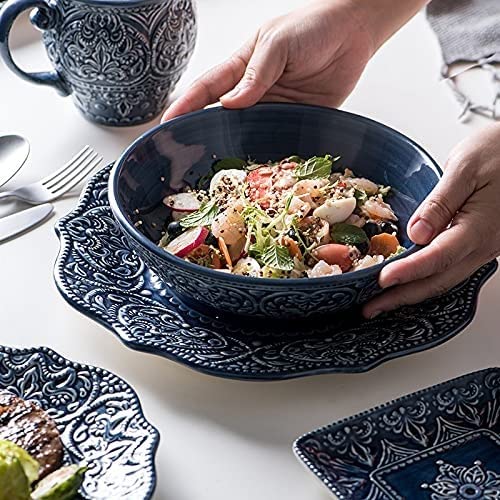 EVANEM Dinner Plate Set Retro Ceramic Tableware Tableware Set Embossed Western Plate Tableware Steak Plate Round Salad Noodle Soup