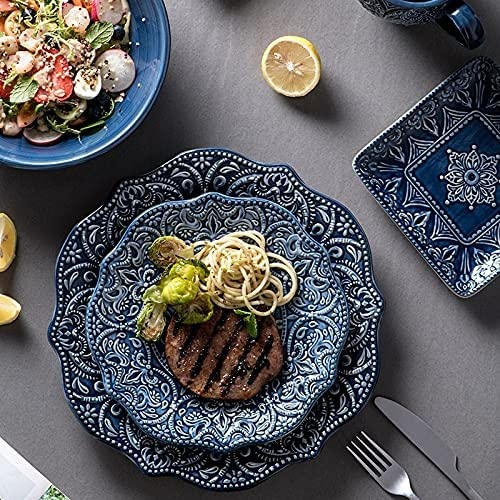 EVANEM Dinner Plate Set Retro Ceramic Tableware Tableware Set Embossed Western Plate Tableware Steak Plate Round Salad Noodle Soup