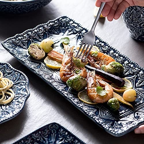 EVANEM Dinner Plate Set Retro Ceramic Tableware Tableware Set Embossed Western Plate Tableware Steak Plate Round Salad Noodle Soup