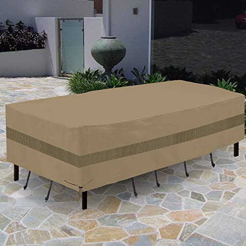 SunPatio Patio Furniture Set Cover, Heavy Duty Waterproof Outdoor Rectangular Table and Chairs Cover for Dining Set, Fade Resistant Deck Conversation Sectional Set Cover, 90''L x 60''W x 30''H, Taupe