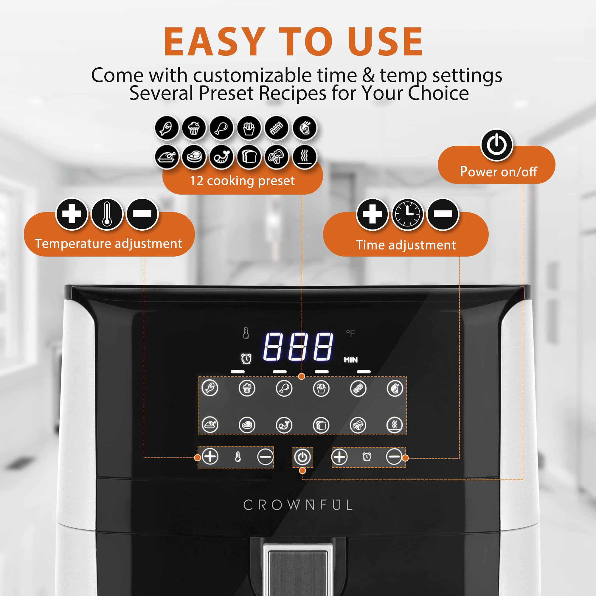 CROWNFUL 7 Quart Air Fryer, Oilless Electric Cooker with 12 Cooking Functions, LCD Touch Digital Screen with Precise Temperature Control, Nonstick Basket, 1700W, UL Listed-White