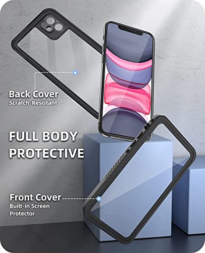 WIFORT iPhone 11 Waterproof Case - Built-in Screen Protector Water Resistant Cover Protective Drop Protection Hard, Shockproof Full Body Defender Tough Military Grade - 6.1" Black