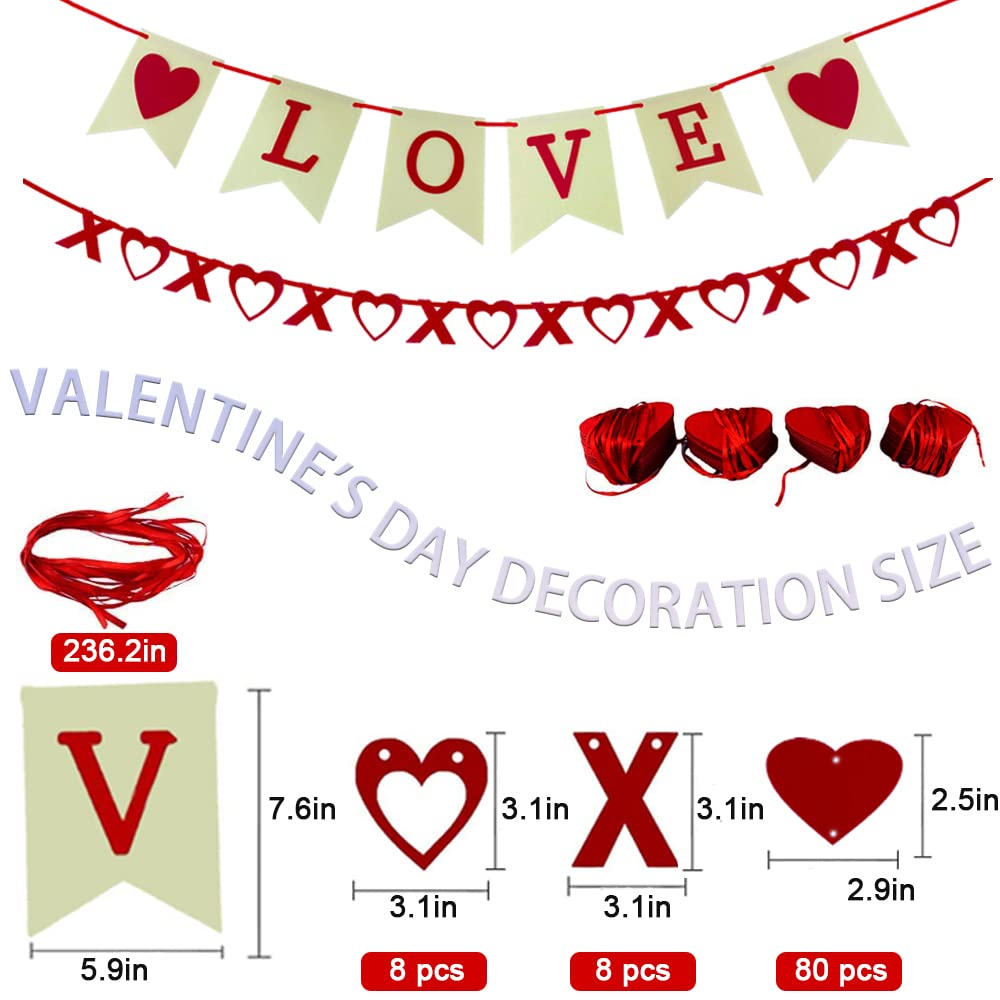LOVE Heart XO Garlands Banner for Valentine's Day DIY Felt Decorations & 80 PCS Red Hanging String Hearts Birthday Party Flag Wedding/Home/Anniversary Supplies