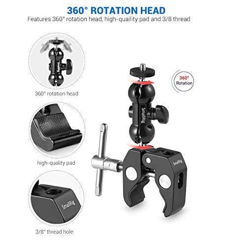 SMALLRIG Super Camera Clamp Mount, Double Ball Head Adapter, Fence Desk Table Mount for Ronin-M/Insta360/Gopro, Ball Head - 1138