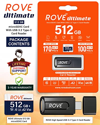 ROVE Ultimate Micro SD Card microSDXC 512GB Memory Card with USB 3.2 Type C Card Reader 170MB/s C10, U3, V30, 4K, A2 for Dash Cam, Android Smart Phones, Tablets, Games