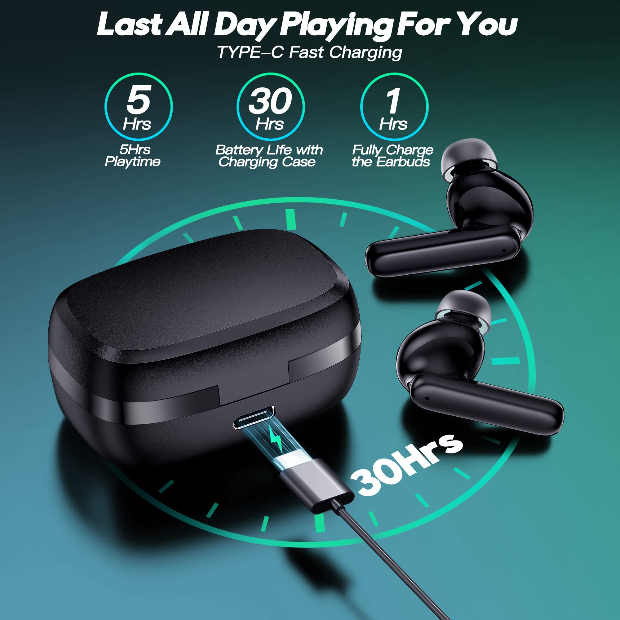 kurdene TWS G01 Bluetooth 5.3 LE Audio Earbuds Headphones, Built-in Microphone with Immersive Deep Bass & Clear Call, IPX5 Waterproof Ear Buds for iPhone, Android -Black