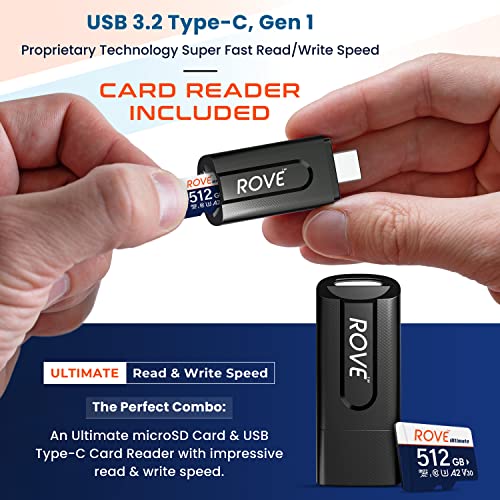 ROVE Ultimate Micro SD Card microSDXC 512GB Memory Card with USB 3.2 Type C Card Reader 170MB/s C10, U3, V30, 4K, A2 for Dash Cam, Android Smart Phones, Tablets, Games