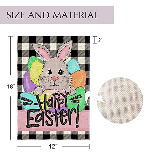 PANDICORN Happy Easter Garden Flag 12x18 Inch Double Sided, Black Buffalo Plaid Check Spring Easter Bunny Eggs Decorations, Small Vertical Welcome Holiday Decor for Outdoor Yard Garden