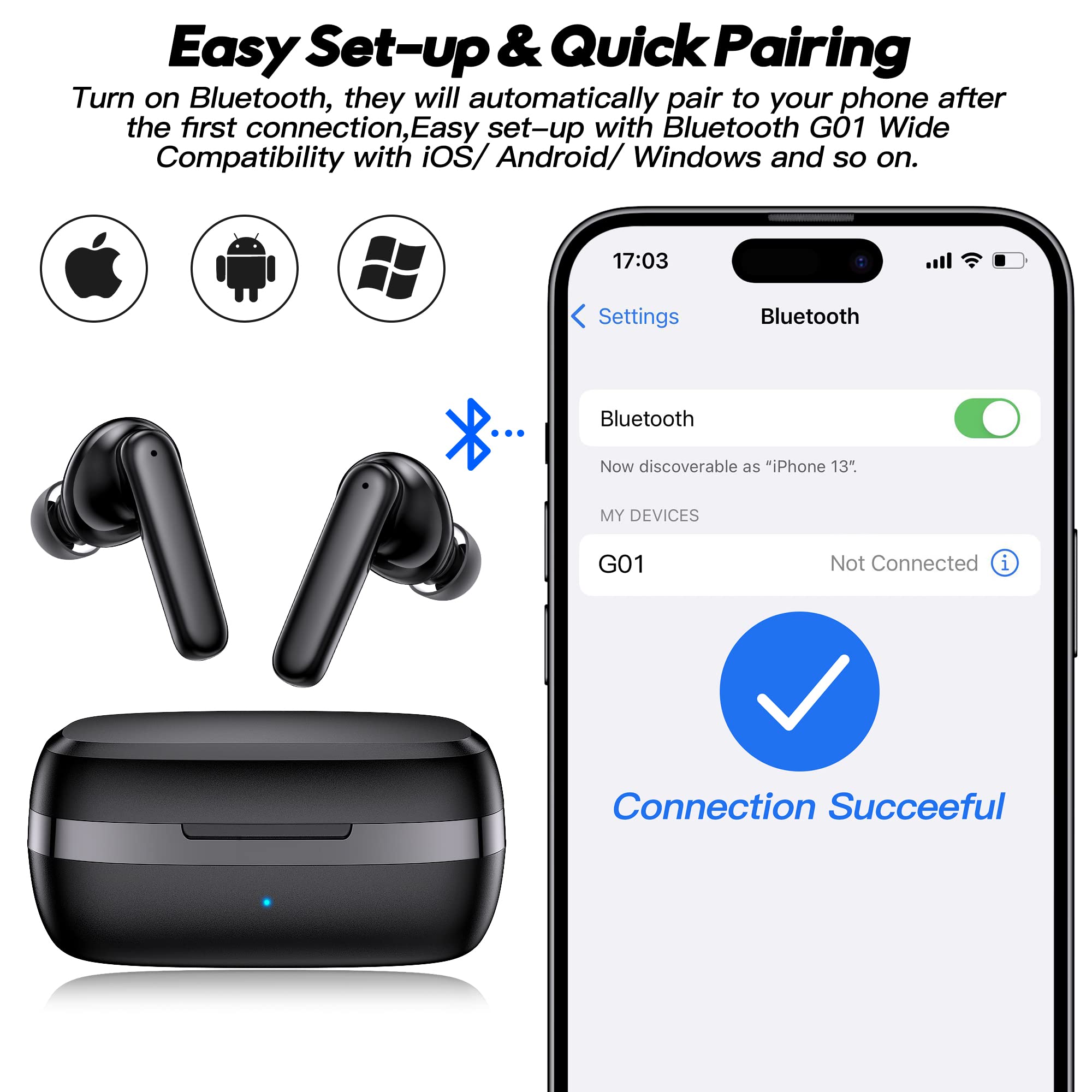 kurdene TWS G01 Bluetooth 5.3 LE Audio Earbuds Headphones, Built-in Microphone with Immersive Deep Bass & Clear Call, IPX5 Waterproof Ear Buds for iPhone, Android -Black
