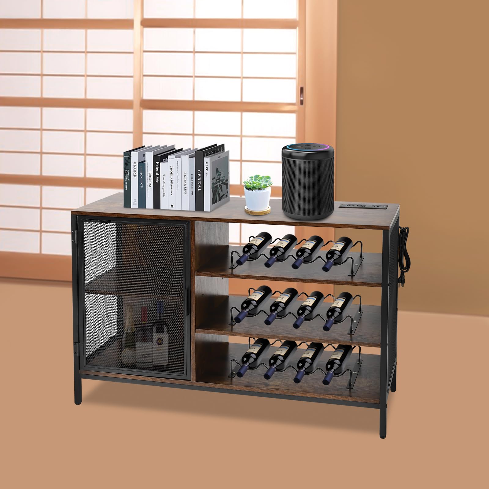 DDBESSIC Wine Bar Cabinet, Retro Wine Bar Rack Cabinet with 3 Detachable Wine Racks Industrial Coffee Bar Cabinet for Liquor and Glasses Buffet Cabinet