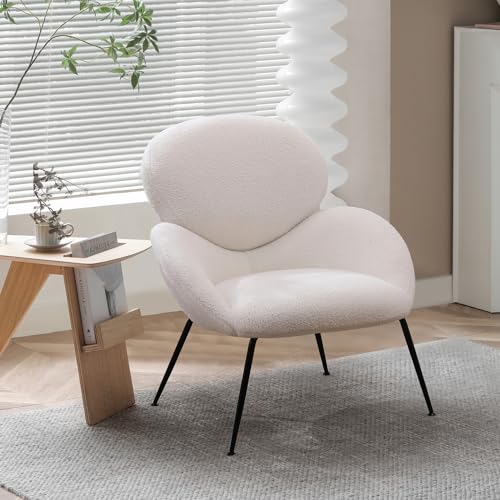 Aimerive Accent Chair, Living Room Teddy Chair Fabric, Modern Upholstered Sherpa Chair with Black Metal Legs, Accent Armchair with Backrest,Comfy Reading Chair for Bedroom,Relaxing,White