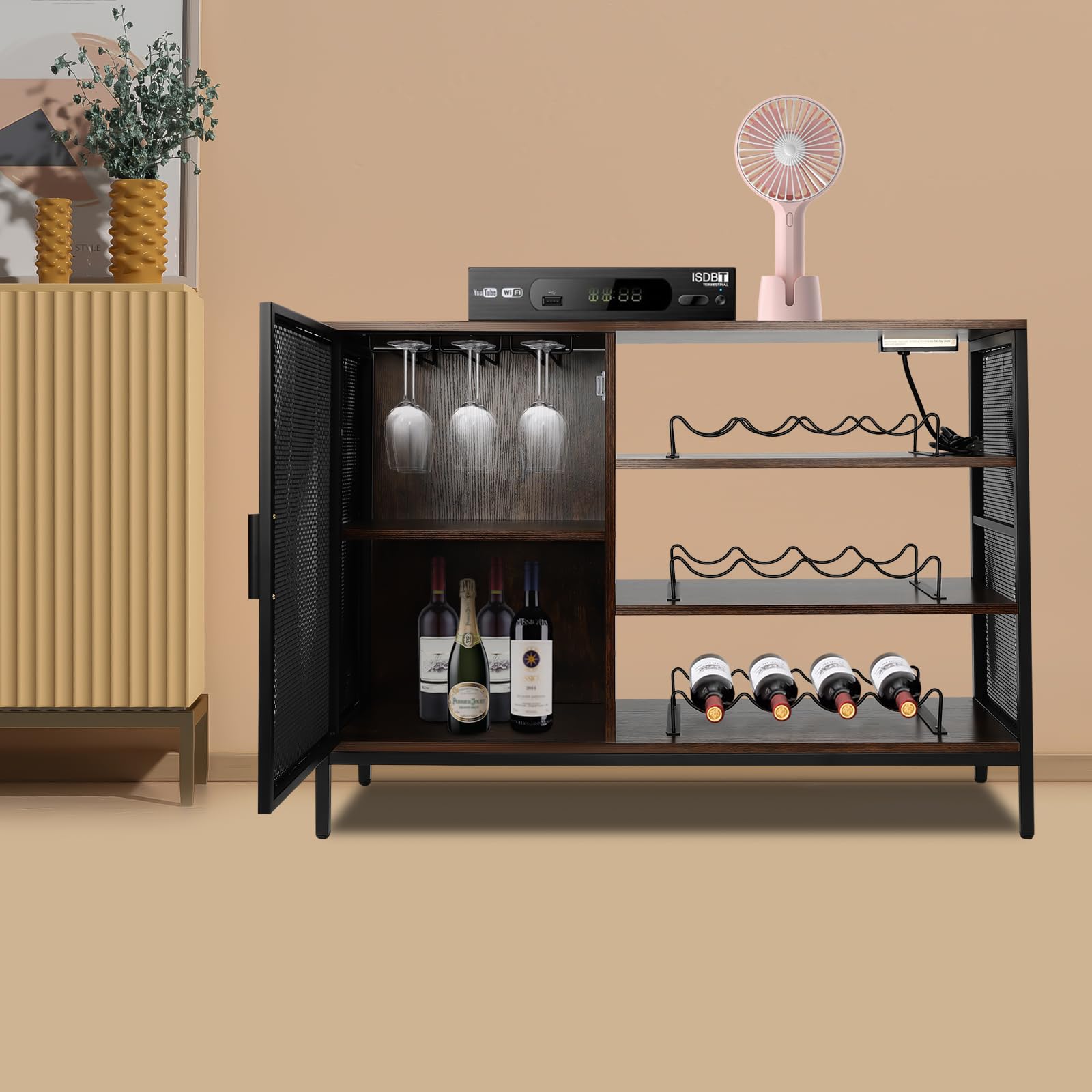 DDBESSIC Wine Bar Cabinet, Retro Wine Bar Rack Cabinet with 3 Detachable Wine Racks Industrial Coffee Bar Cabinet for Liquor and Glasses Buffet Cabinet