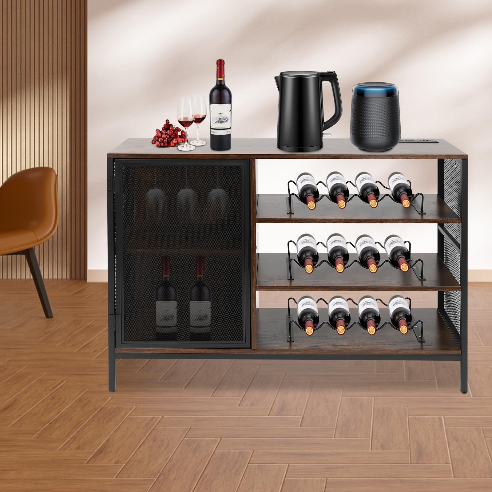 DDBESSIC Wine Bar Cabinet, Retro Wine Bar Rack Cabinet with 3 Detachable Wine Racks Industrial Coffee Bar Cabinet for Liquor and Glasses Buffet Cabinet