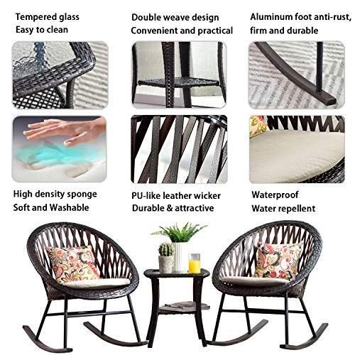 XIZZI Bistro Set Outdoor 3 Pieces Rocking Chair Patio Furniture with Glass Table and 2 Pillows,Beige
