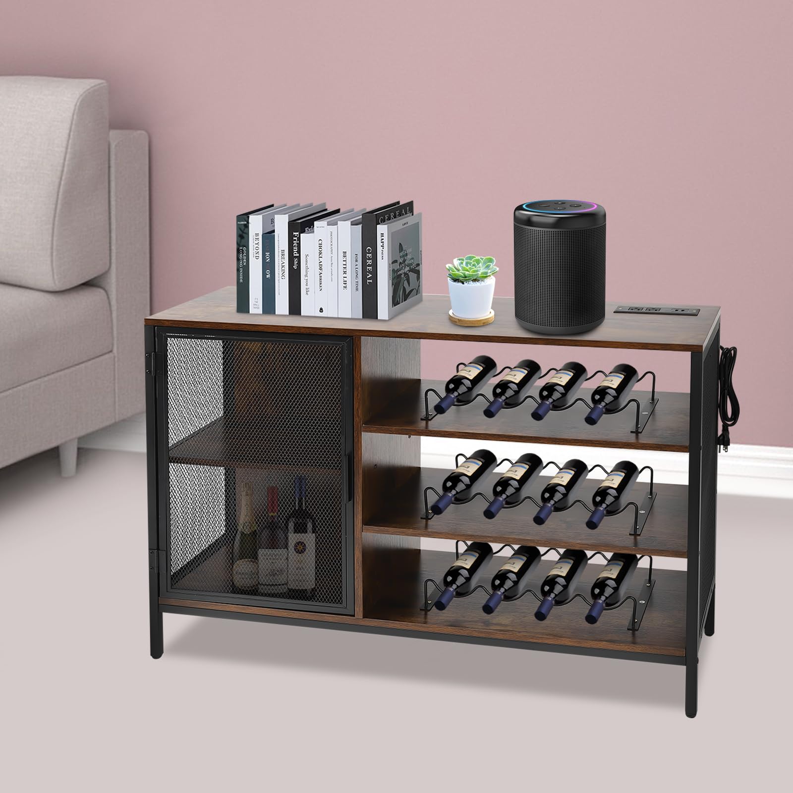 DDBESSIC Wine Bar Cabinet, Retro Wine Bar Rack Cabinet with 3 Detachable Wine Racks Industrial Coffee Bar Cabinet for Liquor and Glasses Buffet Cabinet