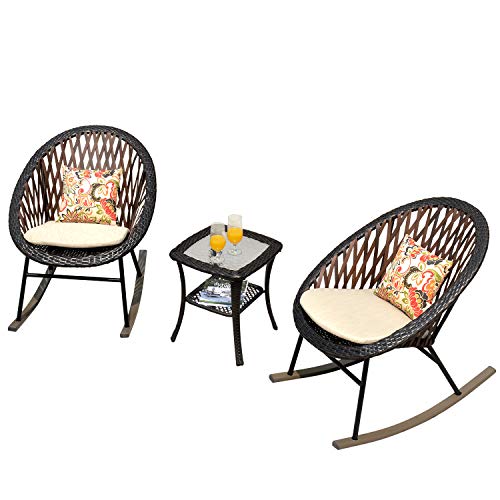XIZZI Bistro Set Outdoor 3 Pieces Rocking Chair Patio Furniture with Glass Table and 2 Pillows,Beige