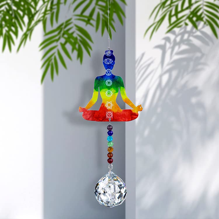 Chakra Healing Crystal Prism Suncatcher with Rainbow Yoga Meditation Figurine Statue Stained Glass Beads for Window Garden Wall Hanging Decoration
