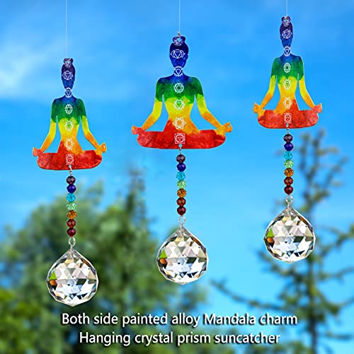 Chakra Healing Crystal Prism Suncatcher with Rainbow Yoga Meditation Figurine Statue Stained Glass Beads for Window Garden Wall Hanging Decoration