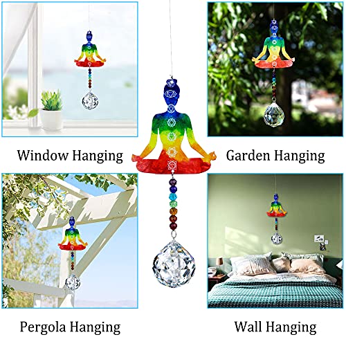 Chakra Healing Crystal Prism Suncatcher with Rainbow Yoga Meditation Figurine Statue Stained Glass Beads for Window Garden Wall Hanging Decoration