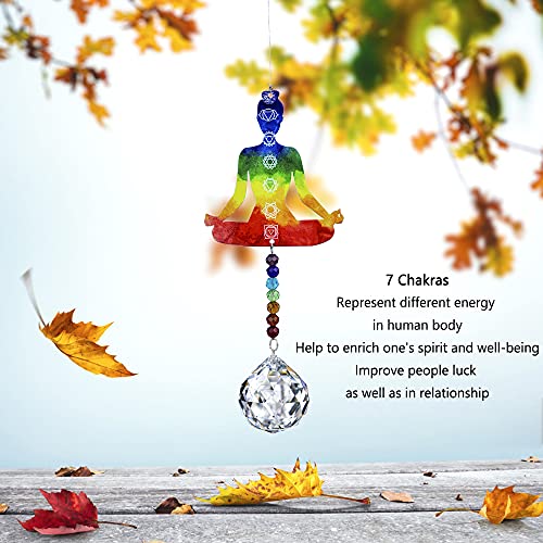 Chakra Healing Crystal Prism Suncatcher with Rainbow Yoga Meditation Figurine Statue Stained Glass Beads for Window Garden Wall Hanging Decoration