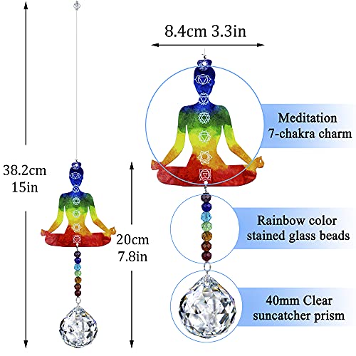Chakra Healing Crystal Prism Suncatcher with Rainbow Yoga Meditation Figurine Statue Stained Glass Beads for Window Garden Wall Hanging Decoration