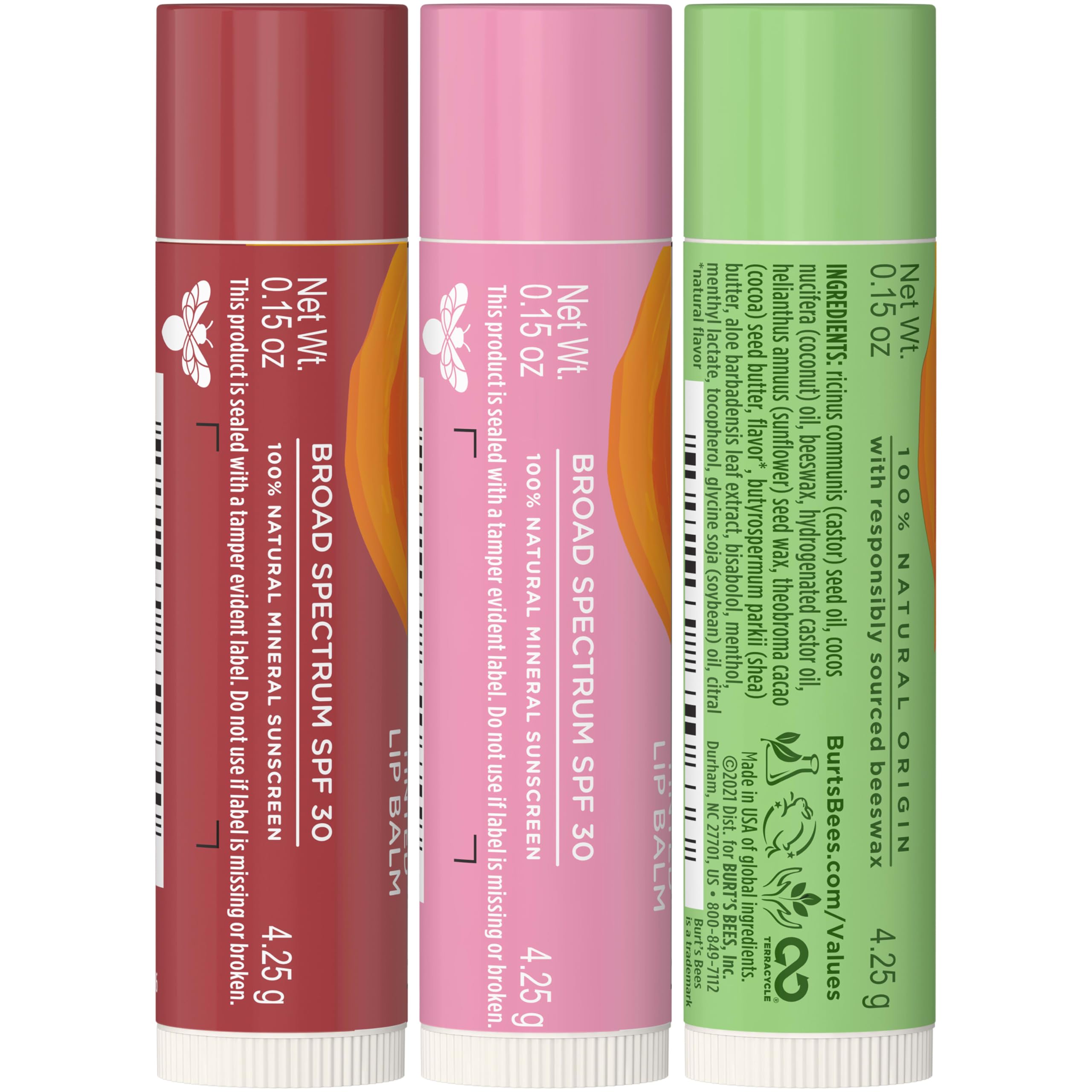 Burt's Bees SPF Lip Balms - 3 Pack Includes SPF 30 Tinted Lip Balms (2) & Soothing Aloe Lip Balm (1) with Aloe Vera, Coconut Oil & Shea Butter to Moisturize Dry Lips & After Sun Care