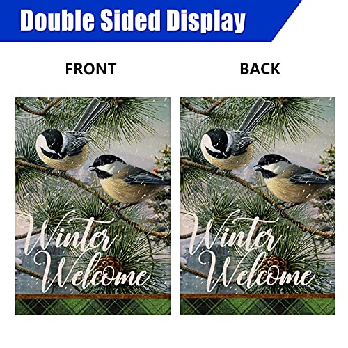 Covido Home Decorative Winter Welcome Chickadee Birds House Flag, Garden Yard Tree Branches Pinecone Buffalo Plaid Check Outside Decorations, Christmas Farmhouse Outdoor Large Decor Double Sided 28x40