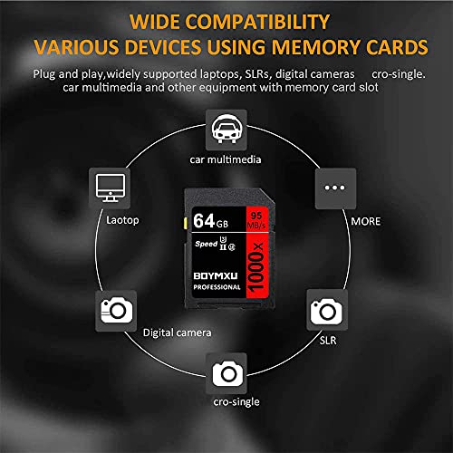 64GB Memory Card, BOYMXU Professional 1000 x Class 10 Card U3 Memory Card Compatible Computer Cameras and Camcorders, Camera Memory Card Up to 95MB/s, Red/Black