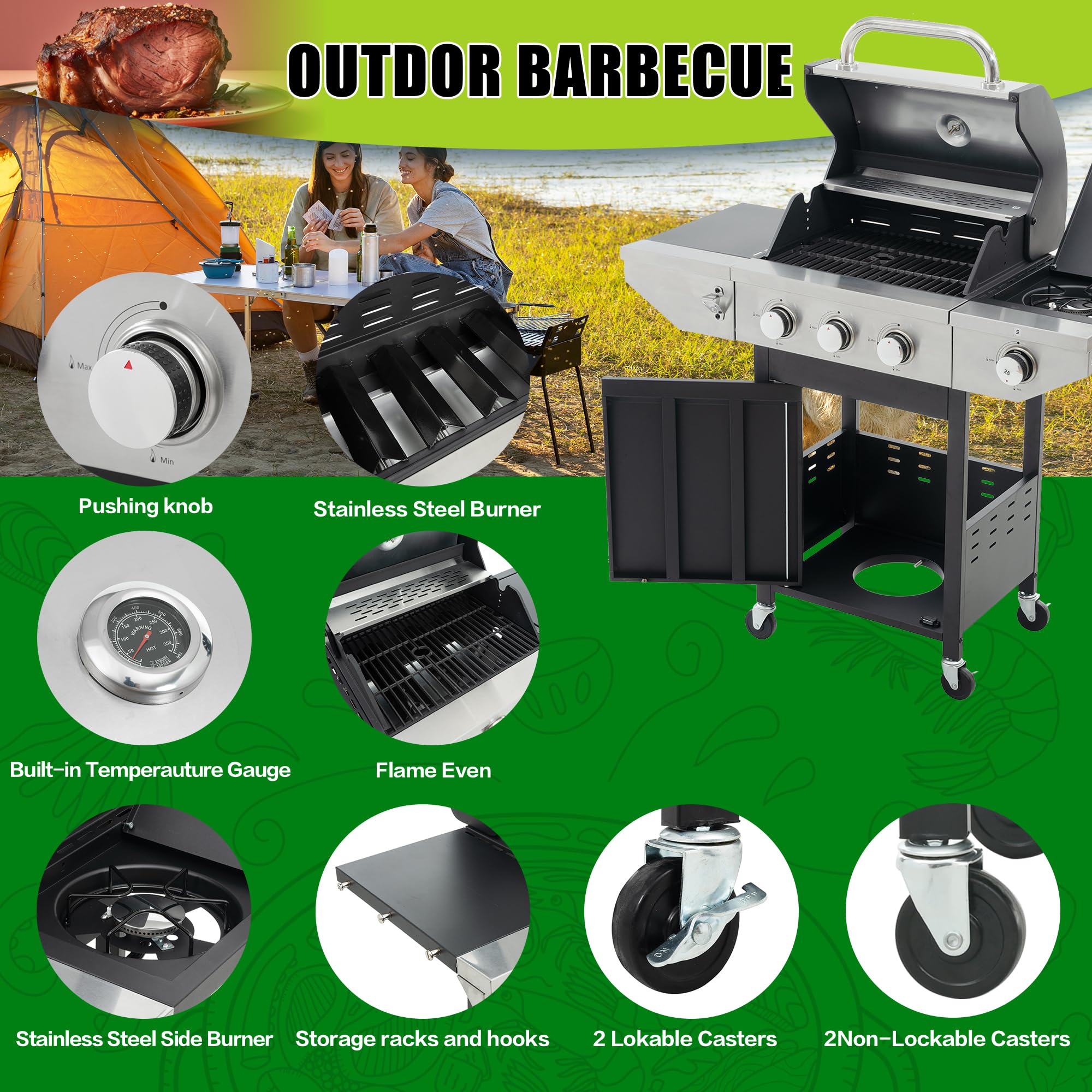 Propane Grill with Side Burner and Temperature Gauge - Stainless Steel Gas Grill with 3 Heads and 430 Thickness - Outdoor Cooking Grill with Electronic Ignition System and Cast Iron Cooking Grids