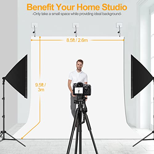 EMART 8.5X10FT White Backdrop Background for Photography, Pure Polyester Backdrop, White Screen Sheet for Photoshoot Background, Photo Booth Studio, YouTube Video, Party Curtain - Wall Mounted