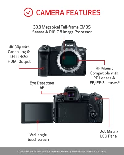 Canon EOS R RF24-105mm F4 L is USM Lens Kit, Vlogging and Content Creator Camera 4K UHD, Digital Single-Lens Non-Reflex AF/AE Camera, 0.24 Magnification, Mirrorless, Full-Frame