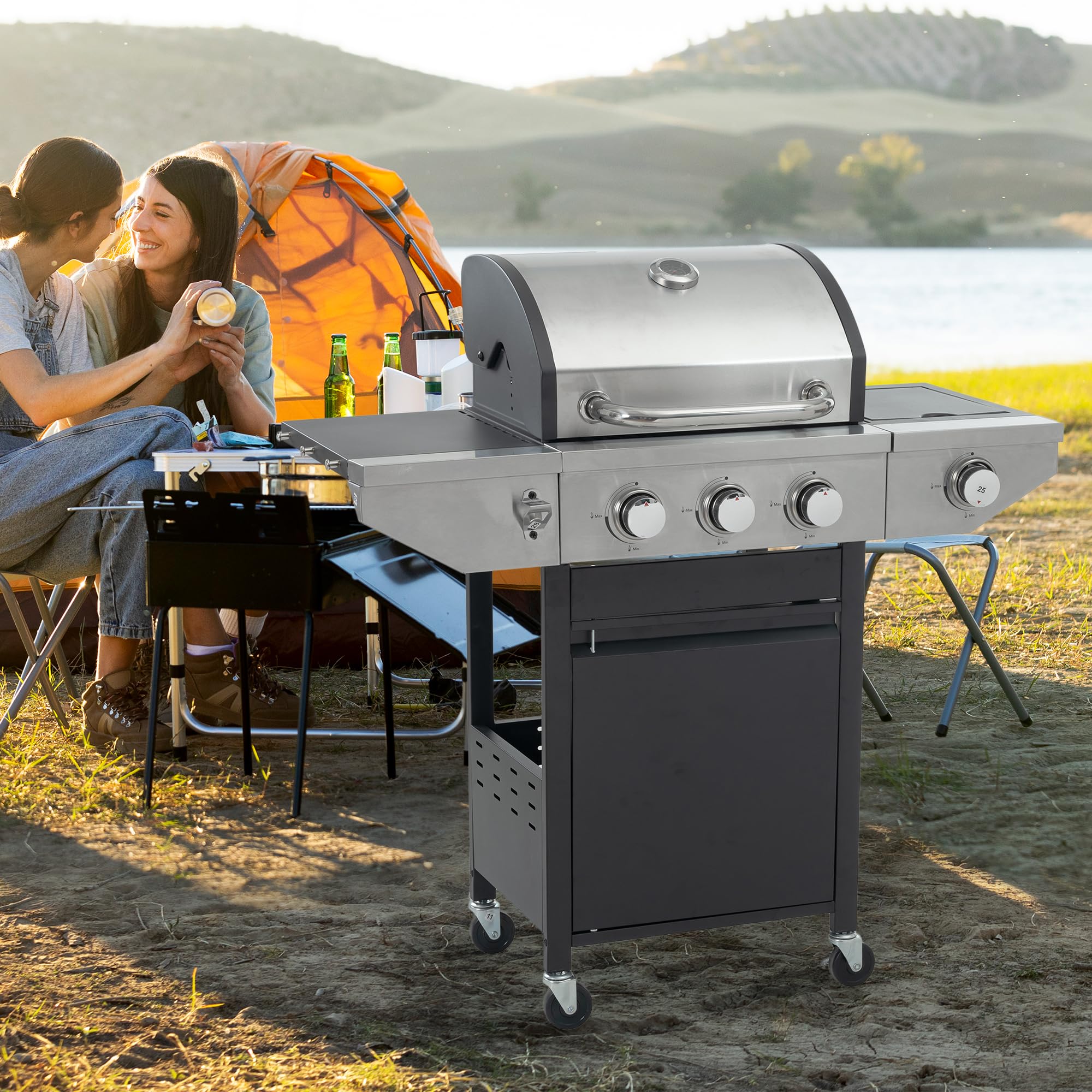 Propane Grill with Side Burner and Temperature Gauge - Stainless Steel Gas Grill with 3 Heads and 430 Thickness - Outdoor Cooking Grill with Electronic Ignition System and Cast Iron Cooking Grids