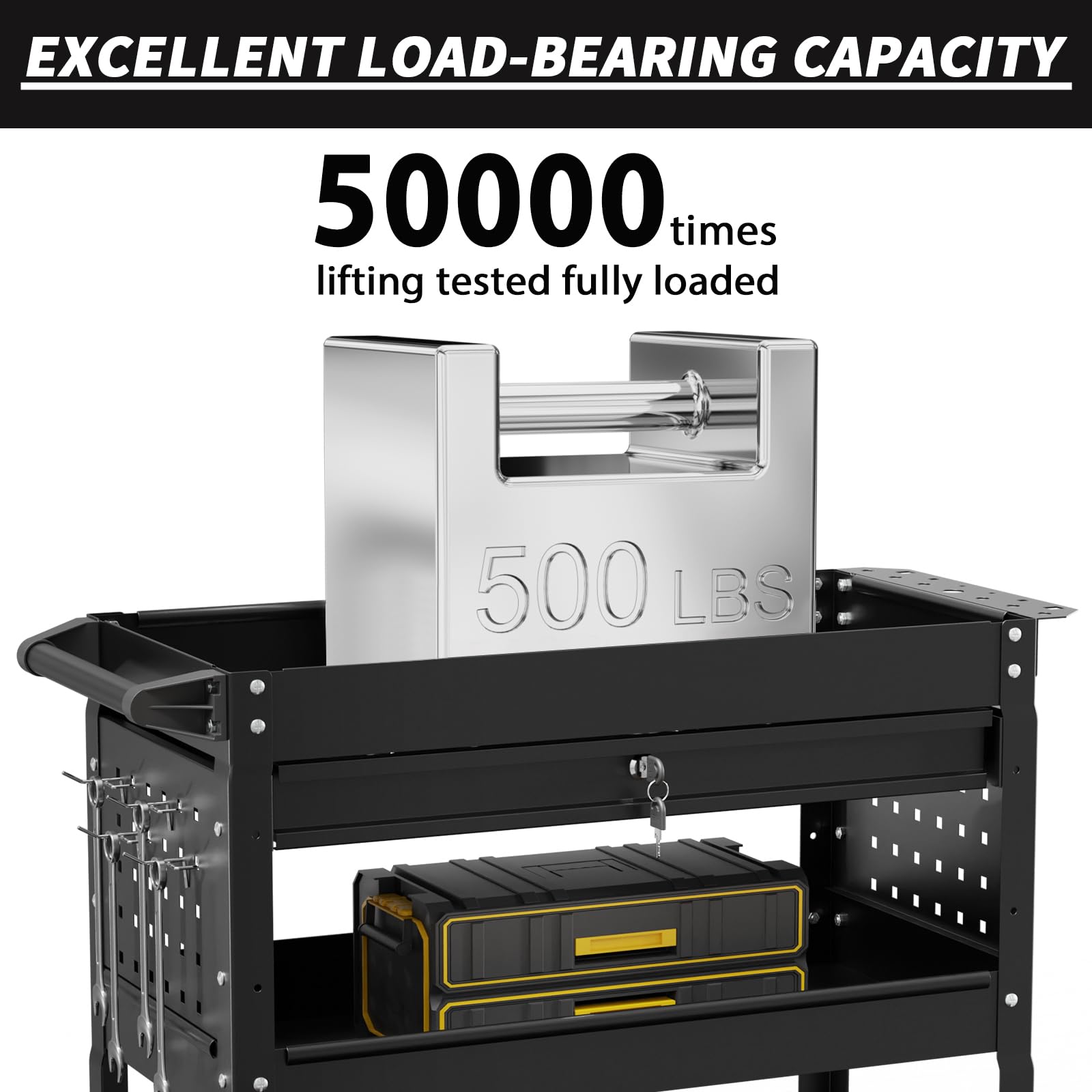 3 Tier Rolling Tool Cart, Tool Cart with Lockable Drawers and Universal Wheels, 500 LBS Capacity Service Utility Cart, Mechanic Tool Cart on Wheels for Garage, Warehouse, Repair Shop, Black