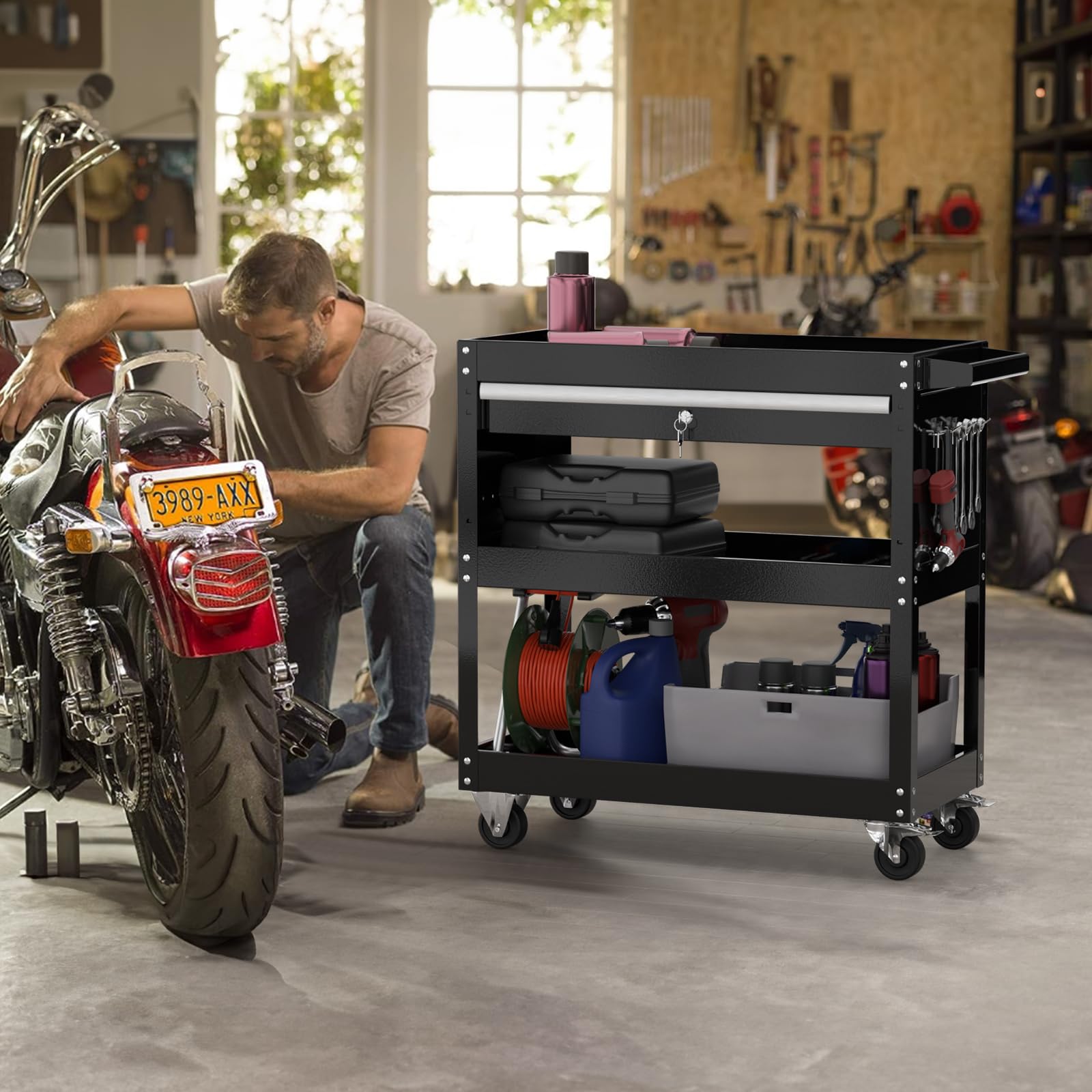 3 Tier Rolling Tool Cart, Tool Cart with Lockable Drawers and Universal Wheels, 500 LBS Capacity Service Utility Cart, Mechanic Tool Cart on Wheels for Garage, Warehouse, Repair Shop, Black