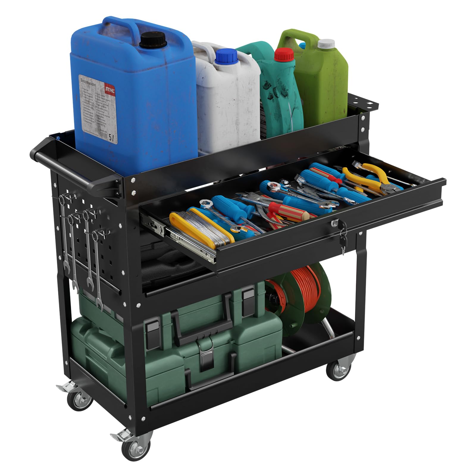 3 Tier Rolling Tool Cart, Tool Cart with Lockable Drawers and Universal Wheels, 500 LBS Capacity Service Utility Cart, Mechanic Tool Cart on Wheels for Garage, Warehouse, Repair Shop, Black