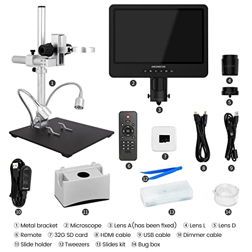 Andonstar AD249S-M 10.1 Inch HDMI Digital Microscope 2000x for Adults, 3 Lens 2160P UHD Video Record, Soldering Microscope, Coin Microscope, Biological Microscope Kit with 32G Card, Windows Compatible
