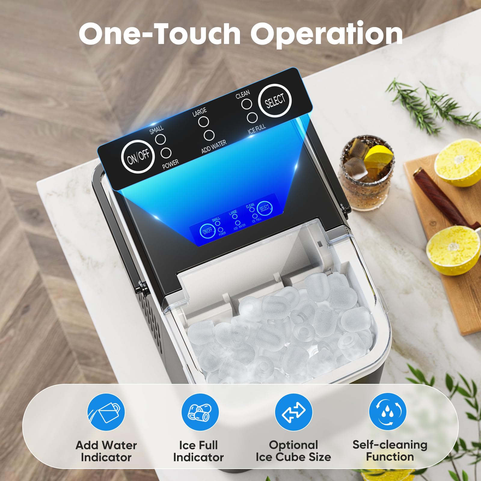 Sweetcrispy Ice Maker Countertop, Portable Ice Machine Self-Cleaning with Ice Scoop, Basket and Handle, 9 Cubes in 6 Mins, 26.5lbs/24Hrs, 2 Sizes of Bullet Ice for Home Kitchen Office Party, Black