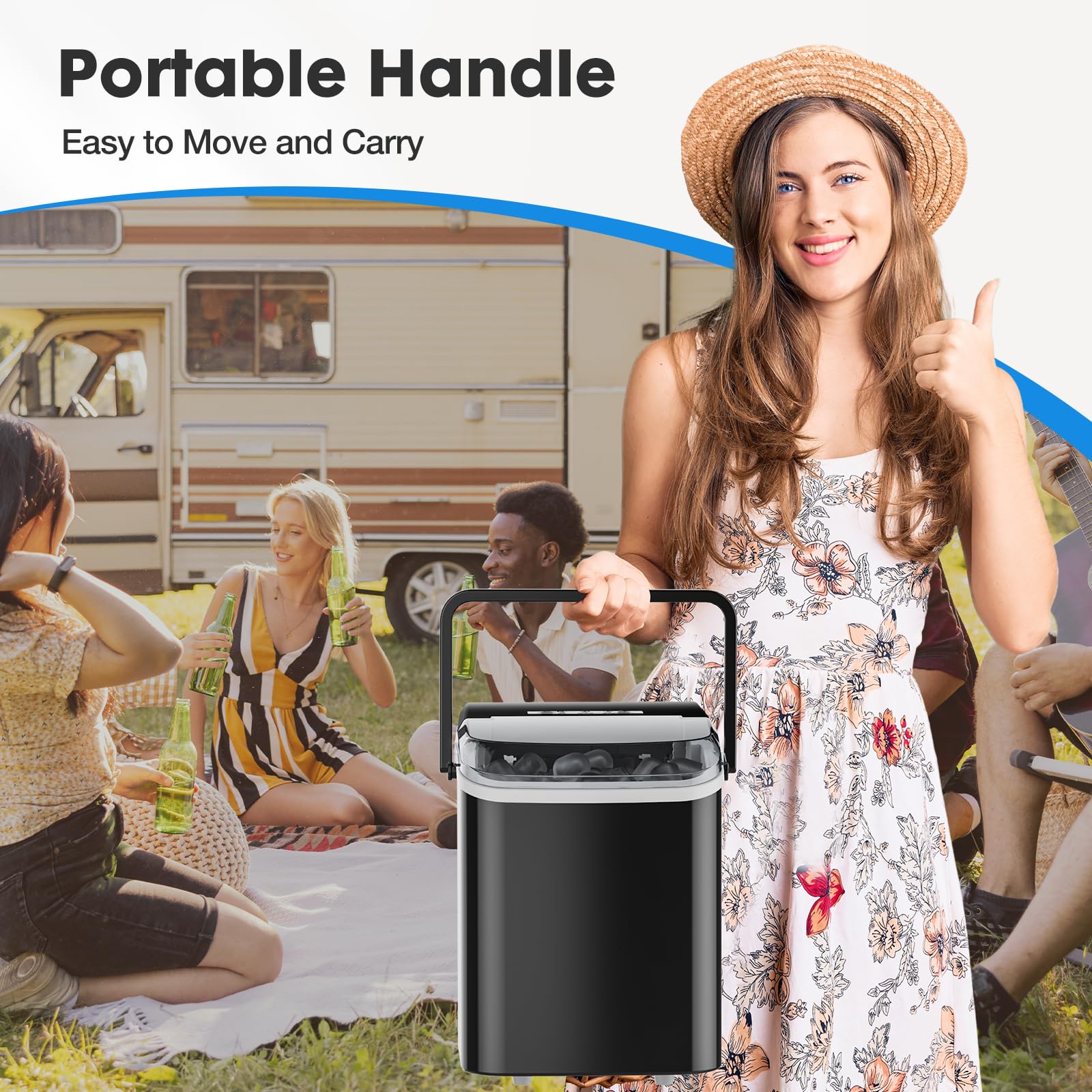 Sweetcrispy Ice Maker Countertop, Portable Ice Machine Self-Cleaning with Ice Scoop, Basket and Handle, 9 Cubes in 6 Mins, 26.5lbs/24Hrs, 2 Sizes of Bullet Ice for Home Kitchen Office Party, Black