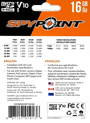 Spypoint 16GB Micro SD Card with SD Card Adapter, SDHC Class10 Memory Card for Trail Cameras (Pack of 2)