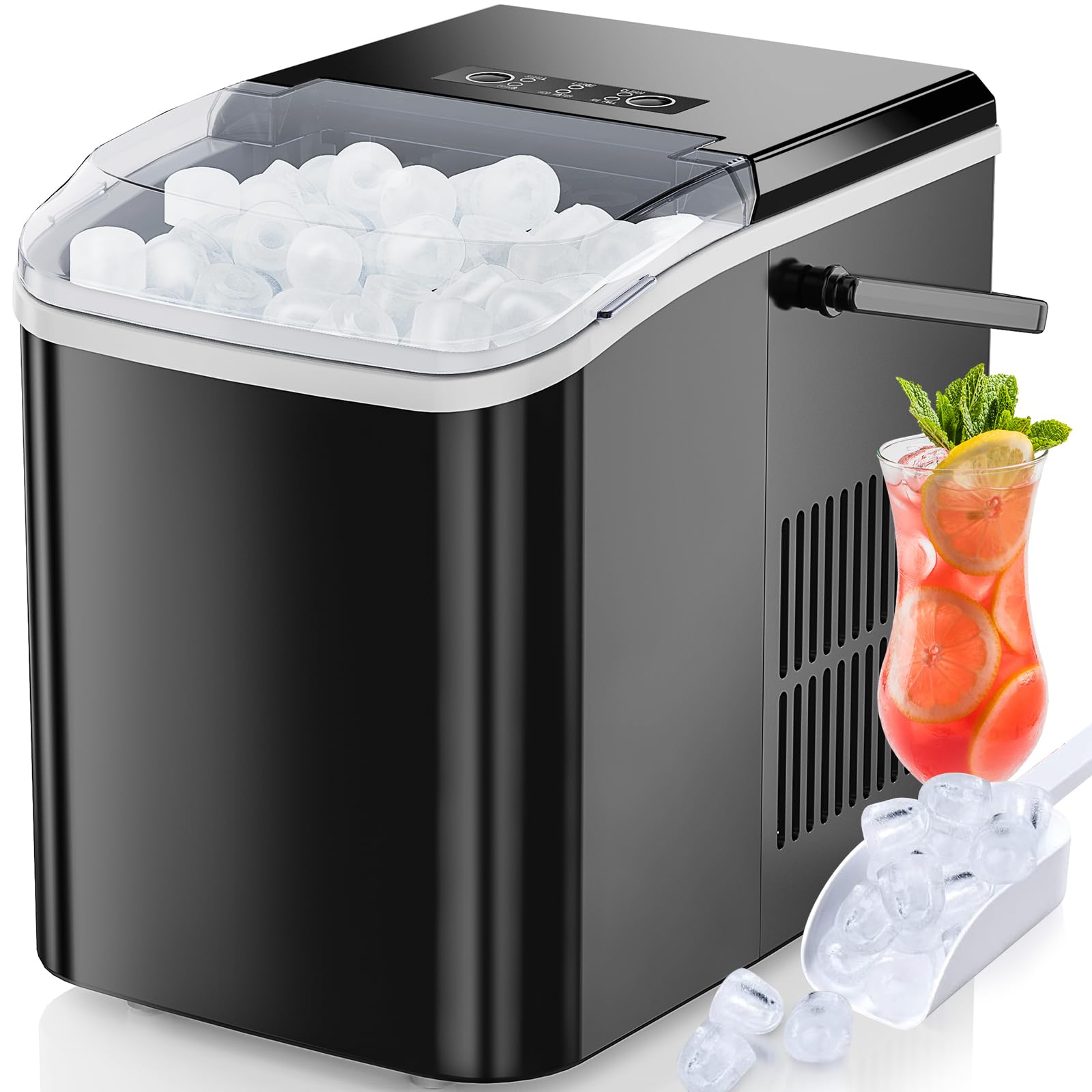 Sweetcrispy Ice Maker Countertop, Portable Ice Machine Self-Cleaning with Ice Scoop, Basket and Handle, 9 Cubes in 6 Mins, 26.5lbs/24Hrs, 2 Sizes of Bullet Ice for Home Kitchen Office Party, Black