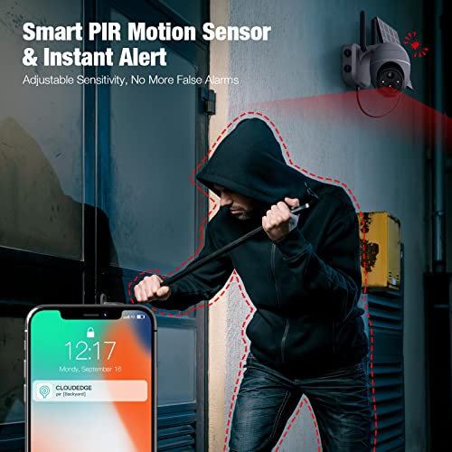 Wireless Security Camera Outdoor, 2K Solar Powered WiFi Cameras, Rechargeable Solar Outdoor Camera with PIR Motion Detection, 2-Way Audio, IP65 Waterproof, Spotlight & Siren, Color Night Vision